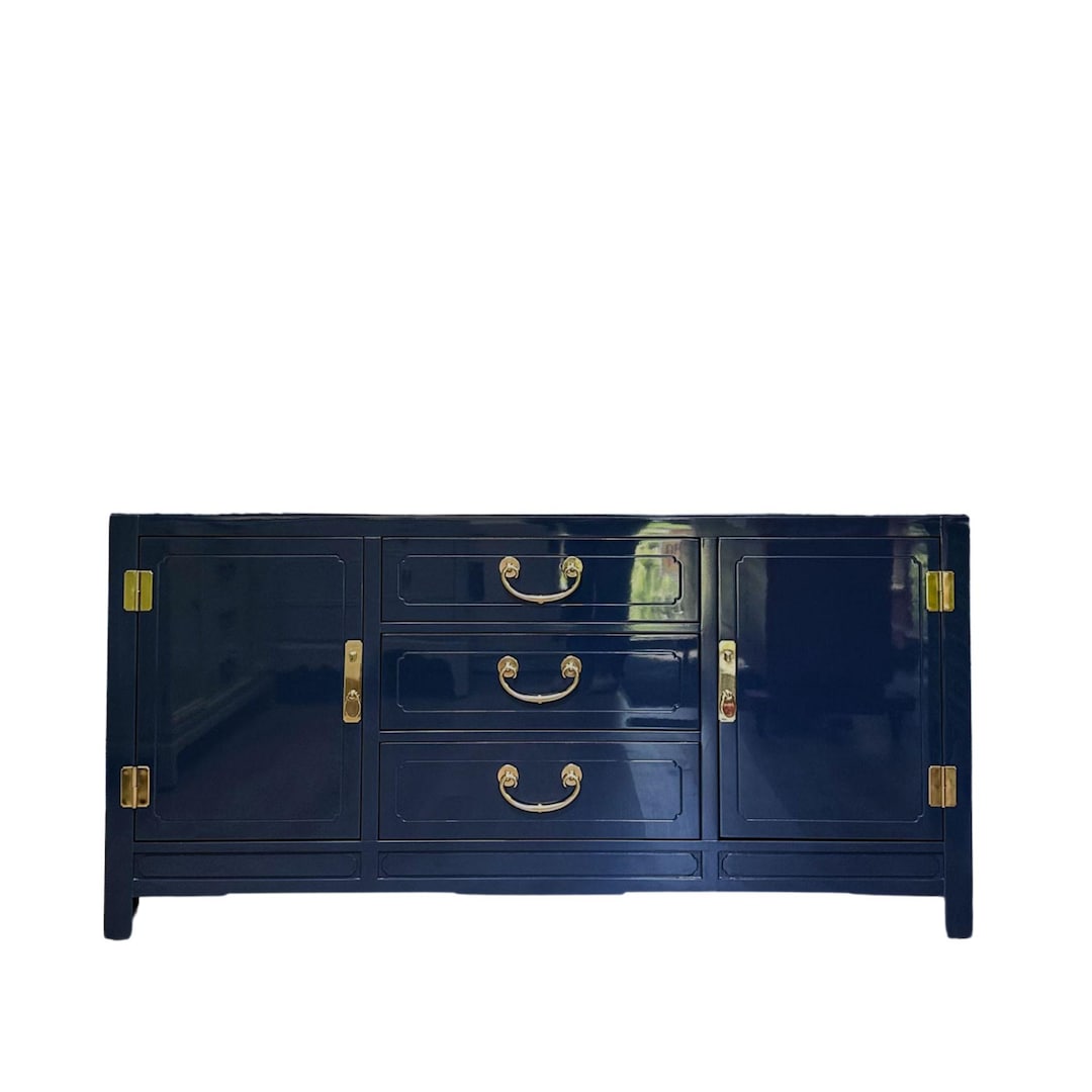 Vintage Navy Buffet Sideboard Cabinet Classic Asian Hardware Brass ...