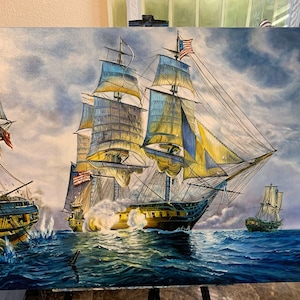 USS Constitution Vs HMS Cyane and Levant, Original by Tom Freeman, Oil ...