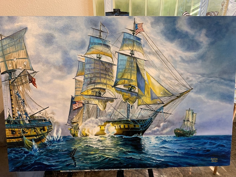 USS Constitution Vs HMS Cyane and Levant, Original by Tom Freeman, Oil ...