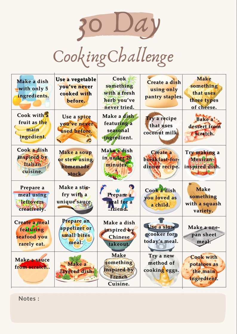 30 Day Cooking Challenge Printable: Grocery List & Notes (digital ...