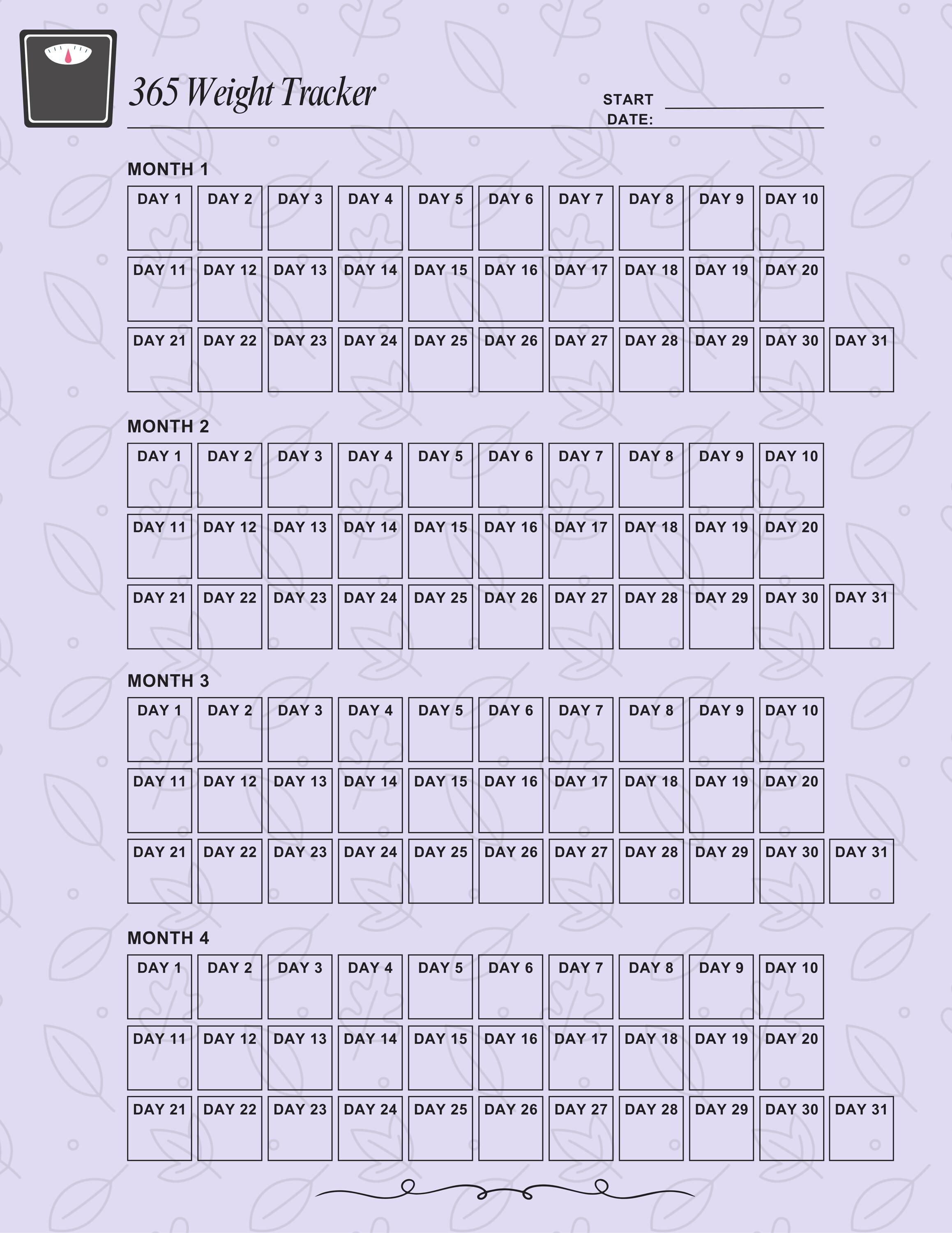 365 Day Weight Tracker- Printable, Check Daily Weight, Lose Weight ...