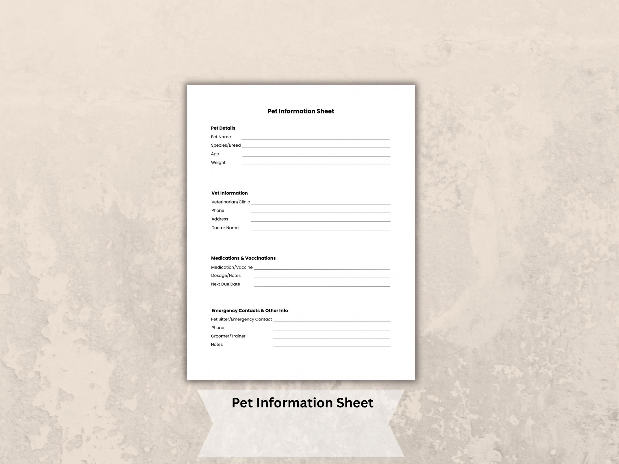 Pet Information Sheet Printable, Pet Care Planner, Vet Info Tracker ...