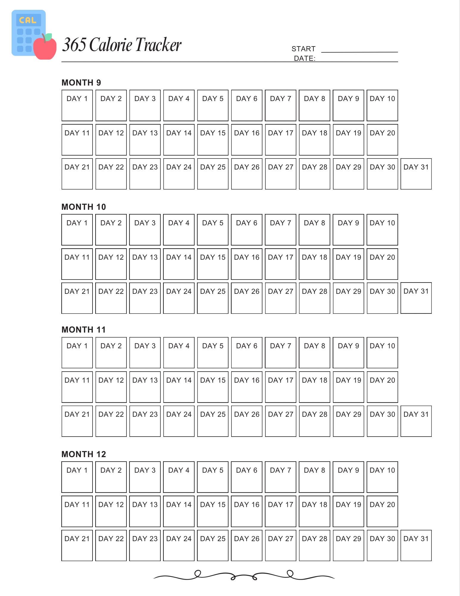 365 Day Calorie Tracker Printable, Minimalist Calorie Tracker Printable ...