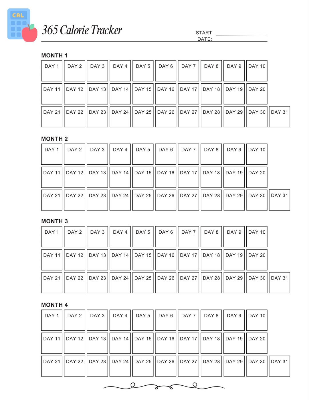 365 Day Calorie Tracker Printable, Minimalist Calorie Tracker Printable ...