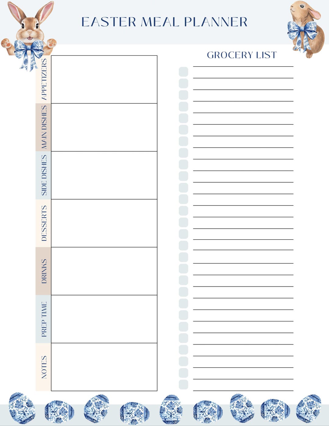 Easter Meal Planner-printable-digital Download, Chinoiserie, Easter ...