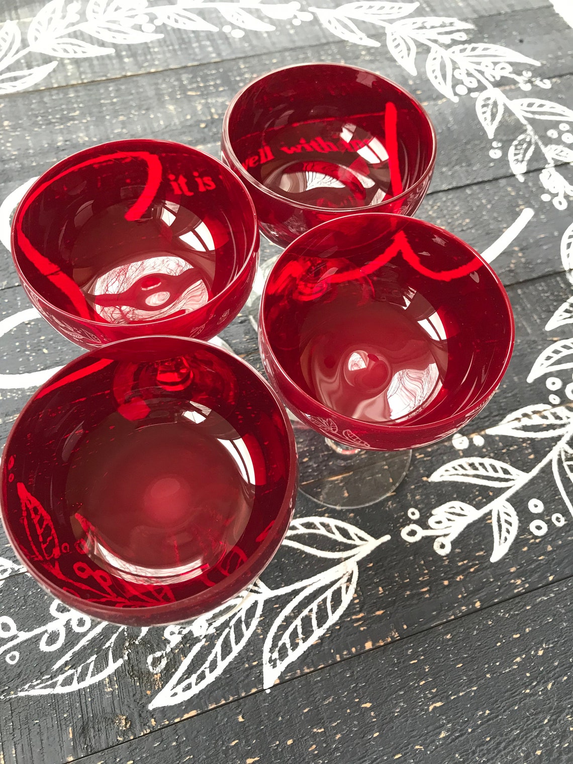 Vintage Ruby Red Wine Glass, Set of 4 Red Glassware, Barware, Holiday ...