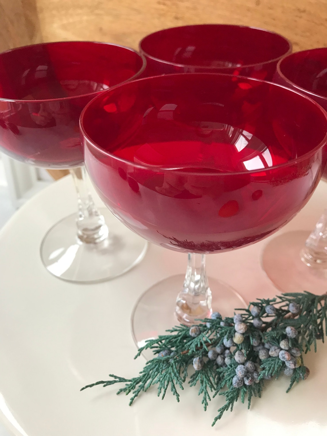 Vintage Ruby Red Wine Glass, Set of 4 Red Glassware, Barware, Holiday ...