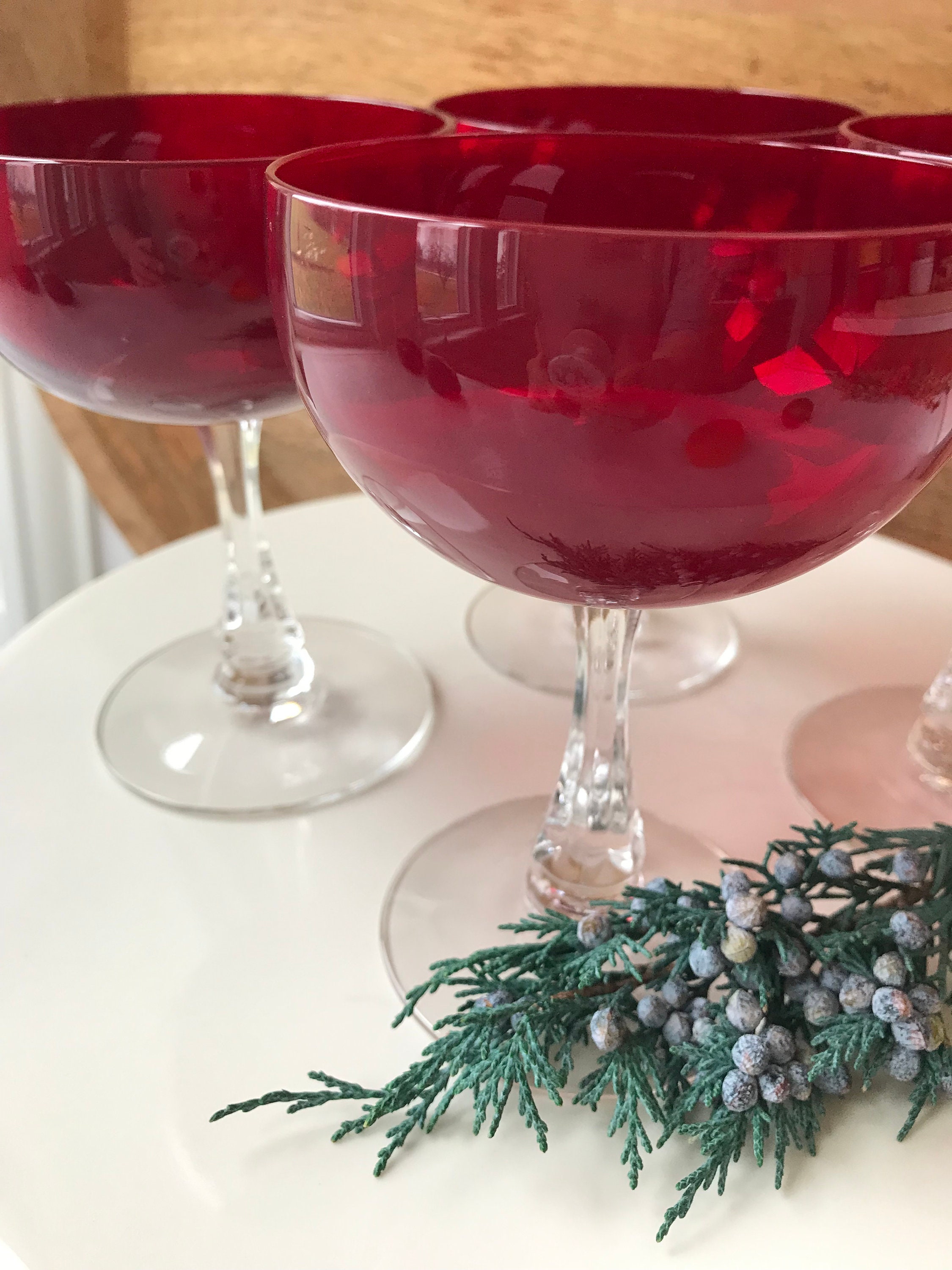 Vintage Ruby Red Wine Glass, Set of 4 Red Glassware, Barware, Holiday ...