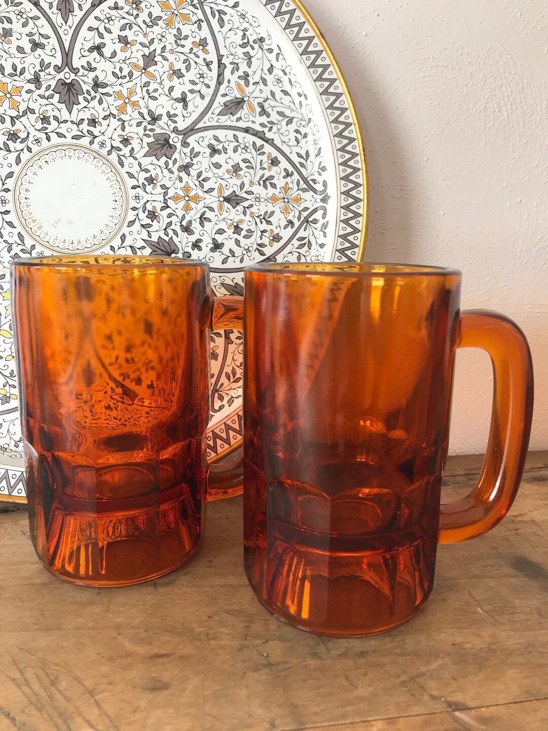 Vintage Amber Glass Beer Mugs, Thick Glass, Set of 2, Honey Gold ...