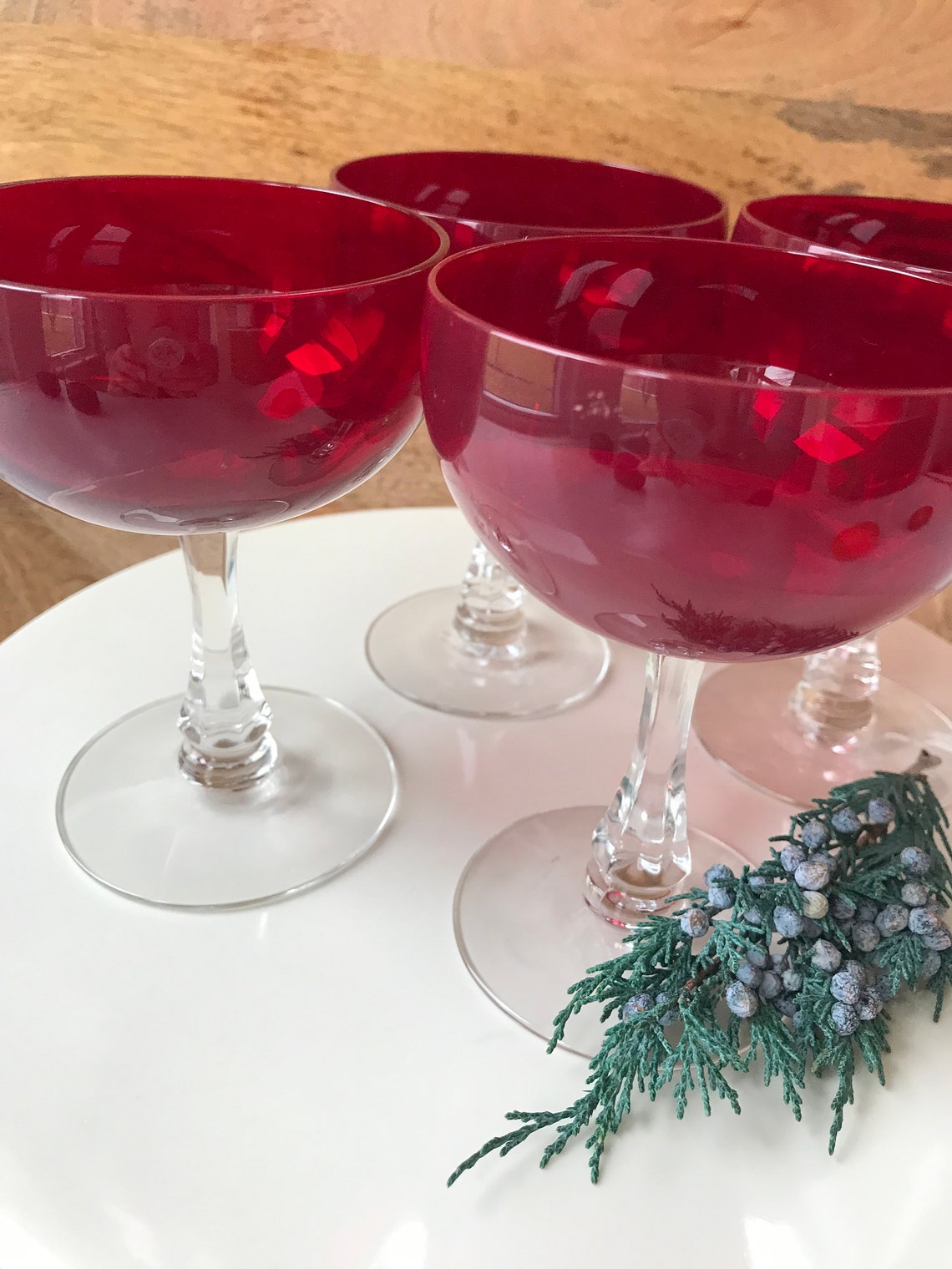 Vintage Ruby Red Wine Glass, Set of 4 Red Glassware, Barware, Holiday ...