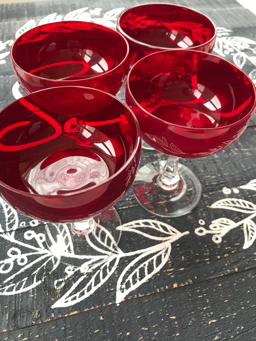 Vintage Ruby Red Wine Glass, Set of 4 Red Glassware, Barware, Holiday ...
