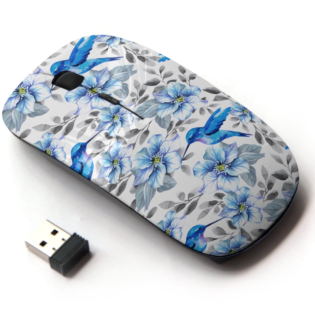 Beautiful Blue Flowers Hummingbirds Icons Print - Wireless Mouse, 2.4G ...