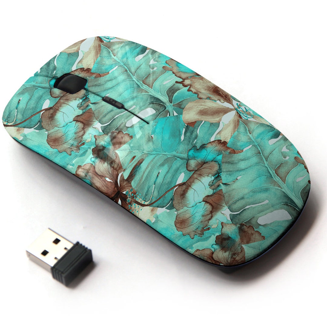 Turquoise Exotic Watercolor Leaves Pattern Print - Wireless Mouse, 2.4G ...