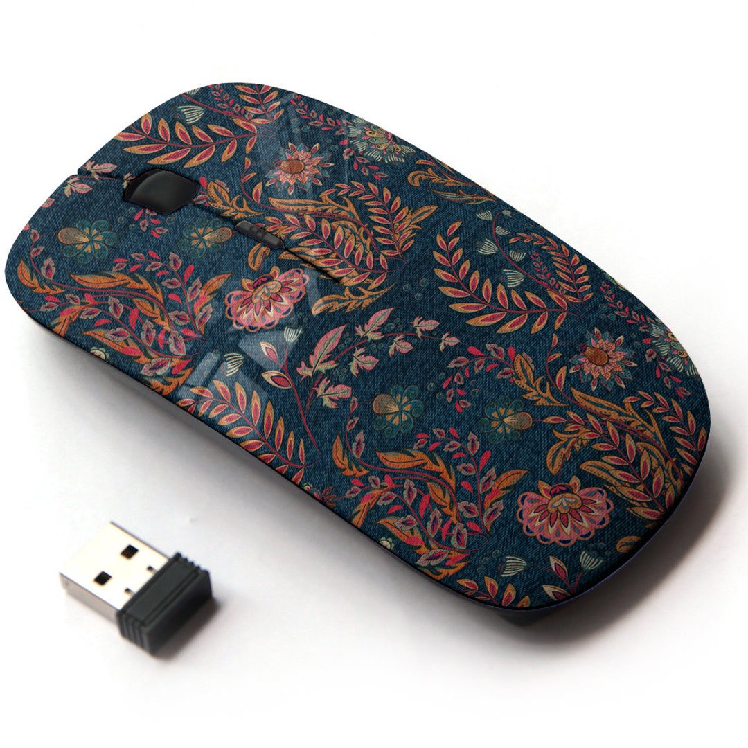 Blue Denim Colorful Floral Print Pattern - Wireless Mouse, 2.4G ...
