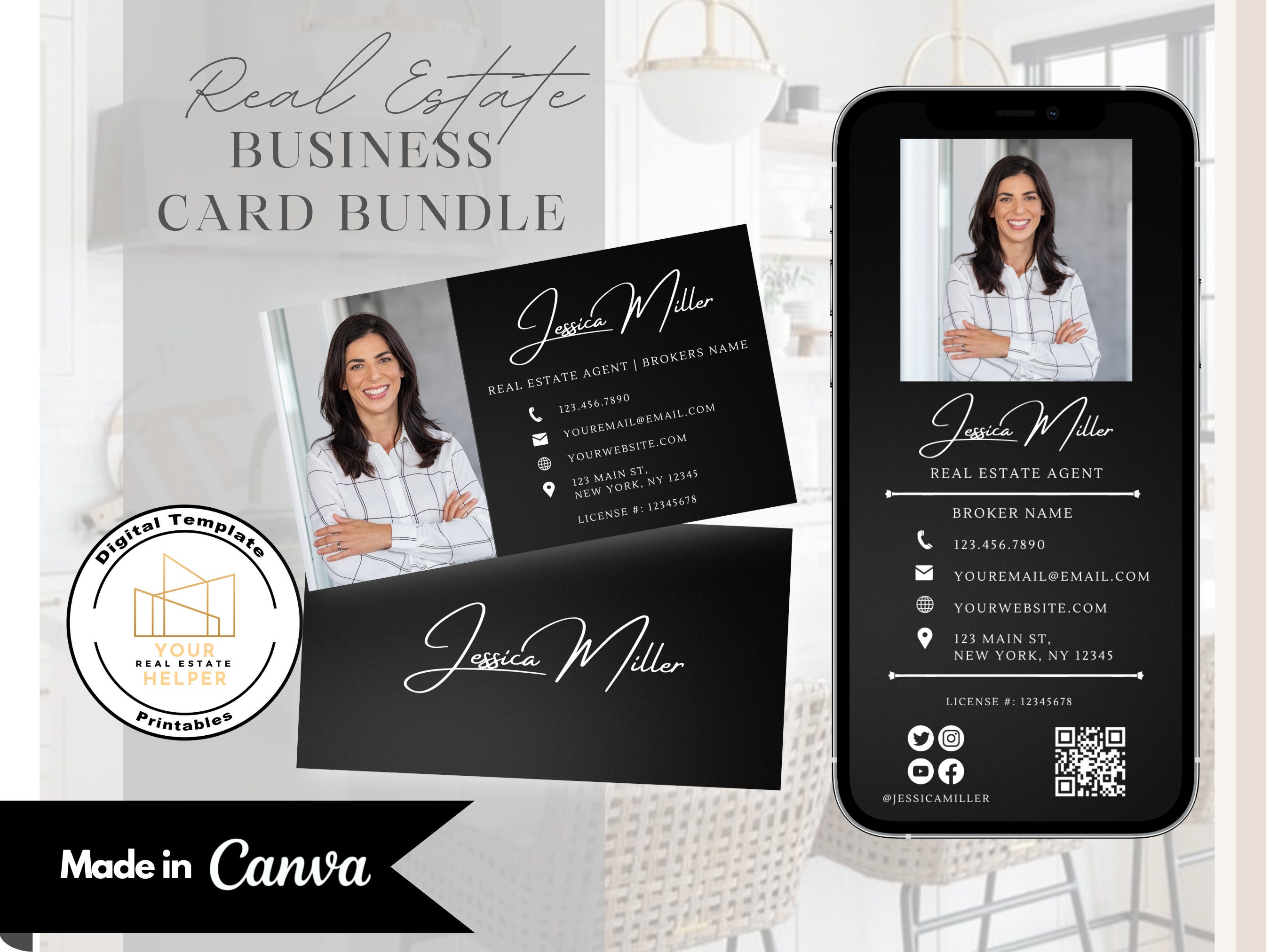 Real Estate Business Card Black, Realtor Business Card Template, Black ...