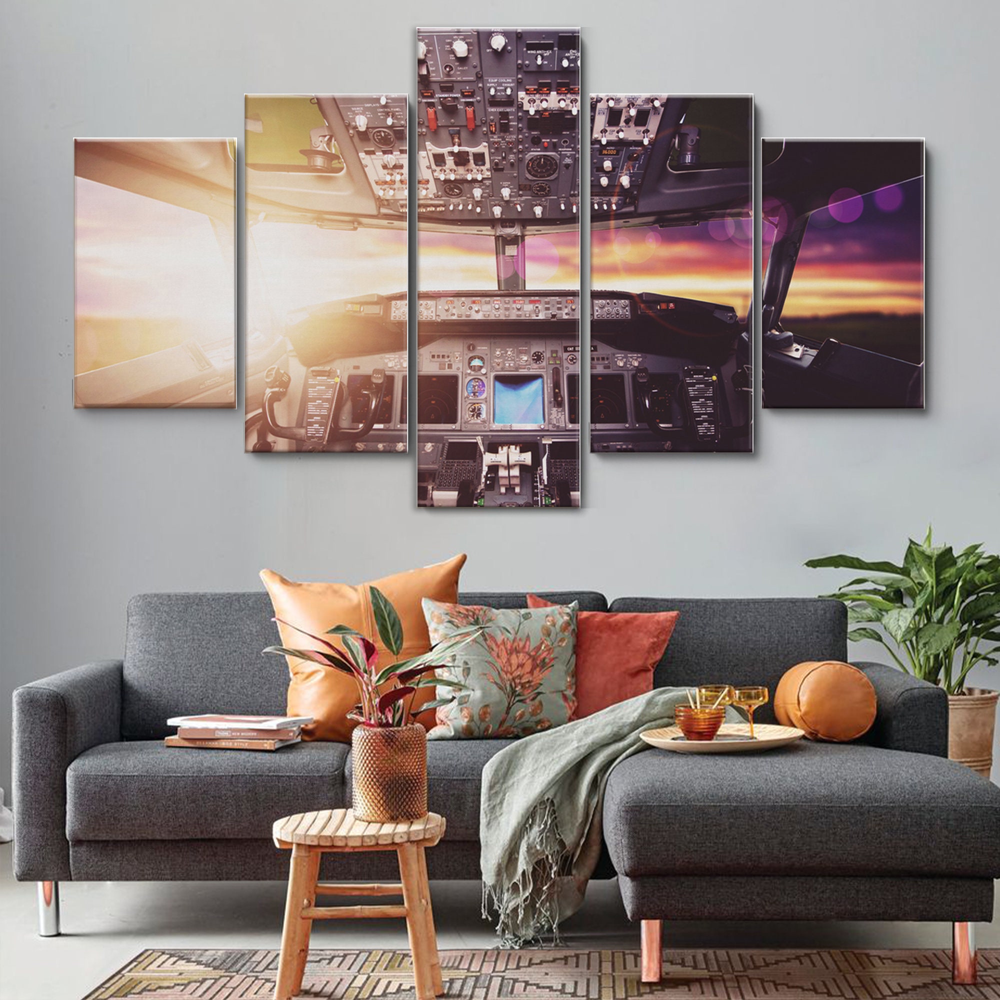 Airplane Interior Cockpit View Inside 5 Pieces Canvas Wall Art, Large ...