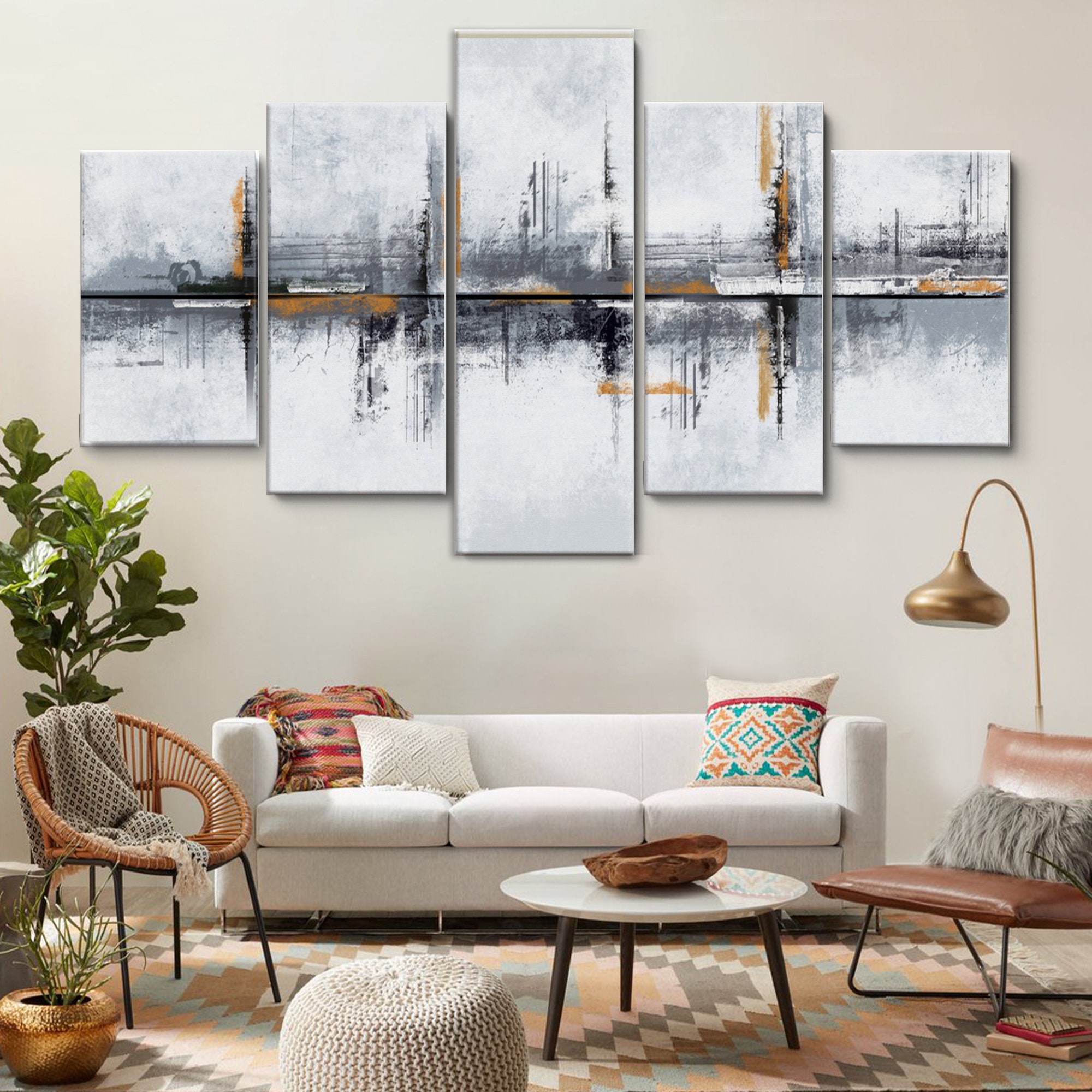 Abstract Art Gray and Orange 5 Pieces Canvas Wall Art, Large Framed ...