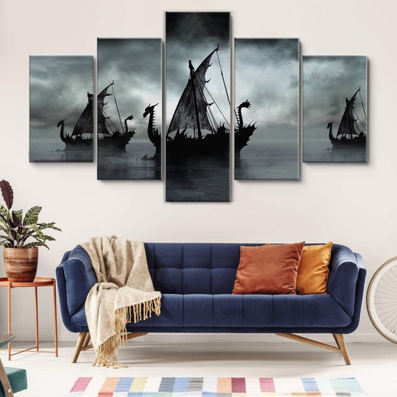 Black White Viking Ships 5 Pieces Canvas Wall Art Large Framed Canvas Wall Art Extra Large Framed 5 Panel Canvas Art Wrapped Gallery Art Etsy