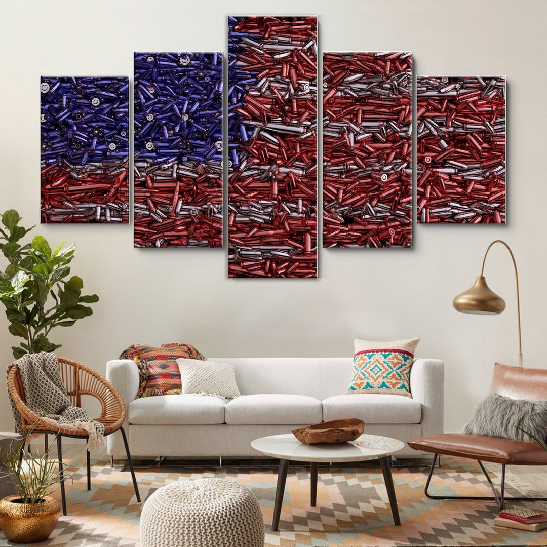 USA Flag Bullets Red Blue 5 Piece Canvas Wall Art, Large Framed Canvas ...