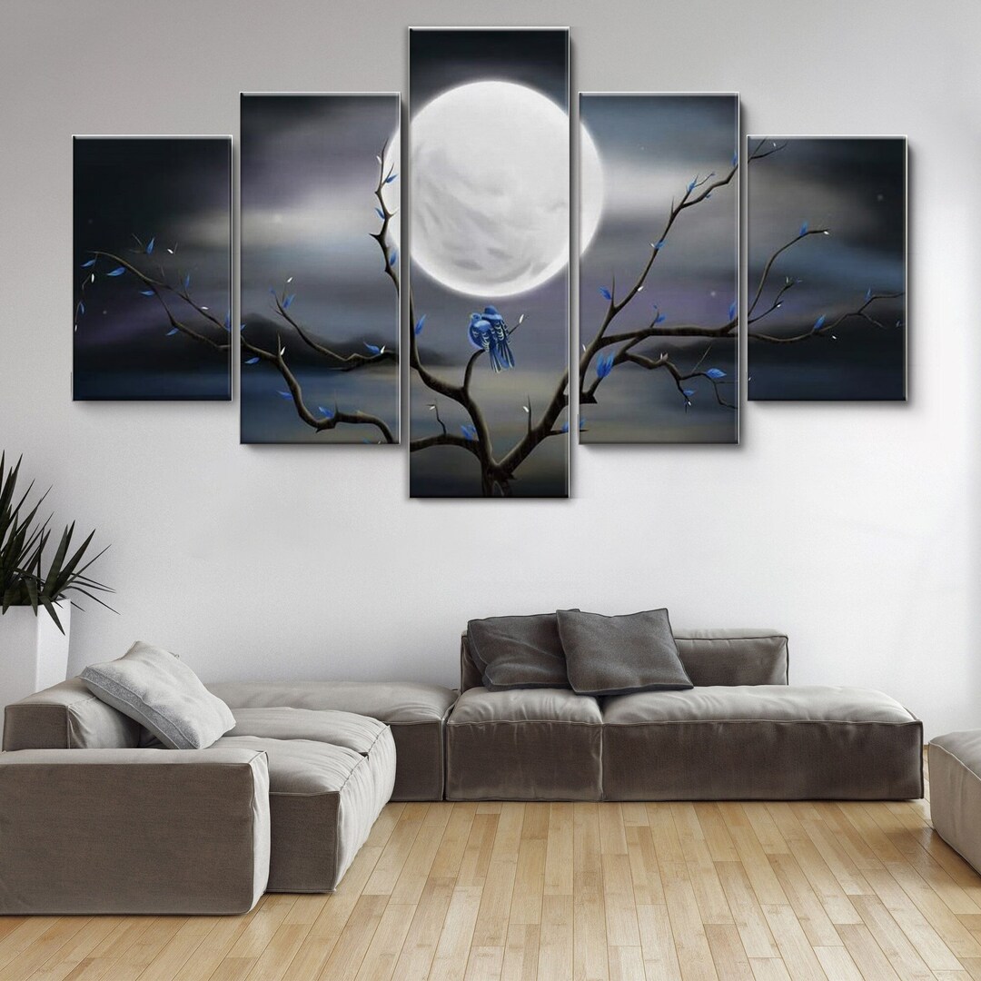 Big Full Moon Over Ocean, Tree Love Birds 5 Pieces Canvas Wall Art ...