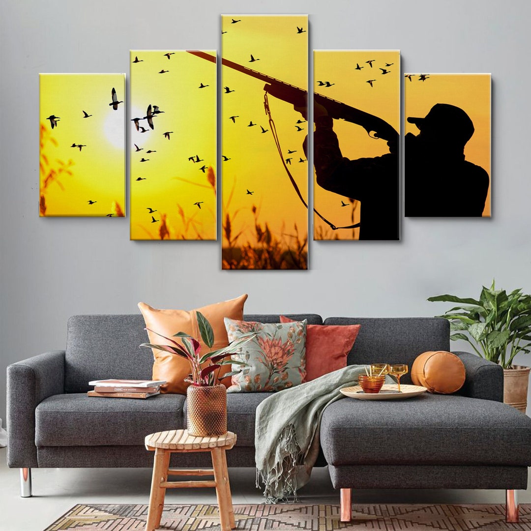Duck Hunting in Sunset 5 Pieces Canvas Wall Art, Large Framed Canvas ...