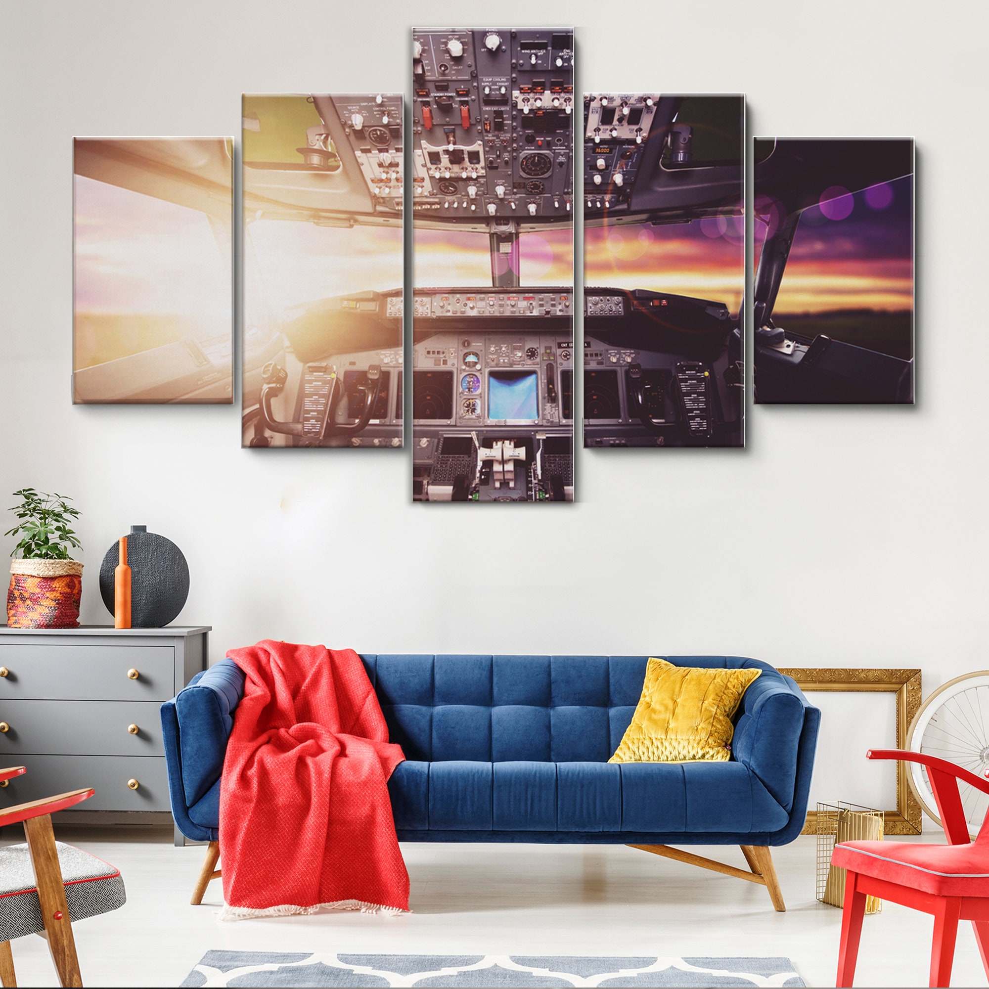 Airplane Interior Cockpit View Inside 5 Pieces Canvas Wall Art, Large ...