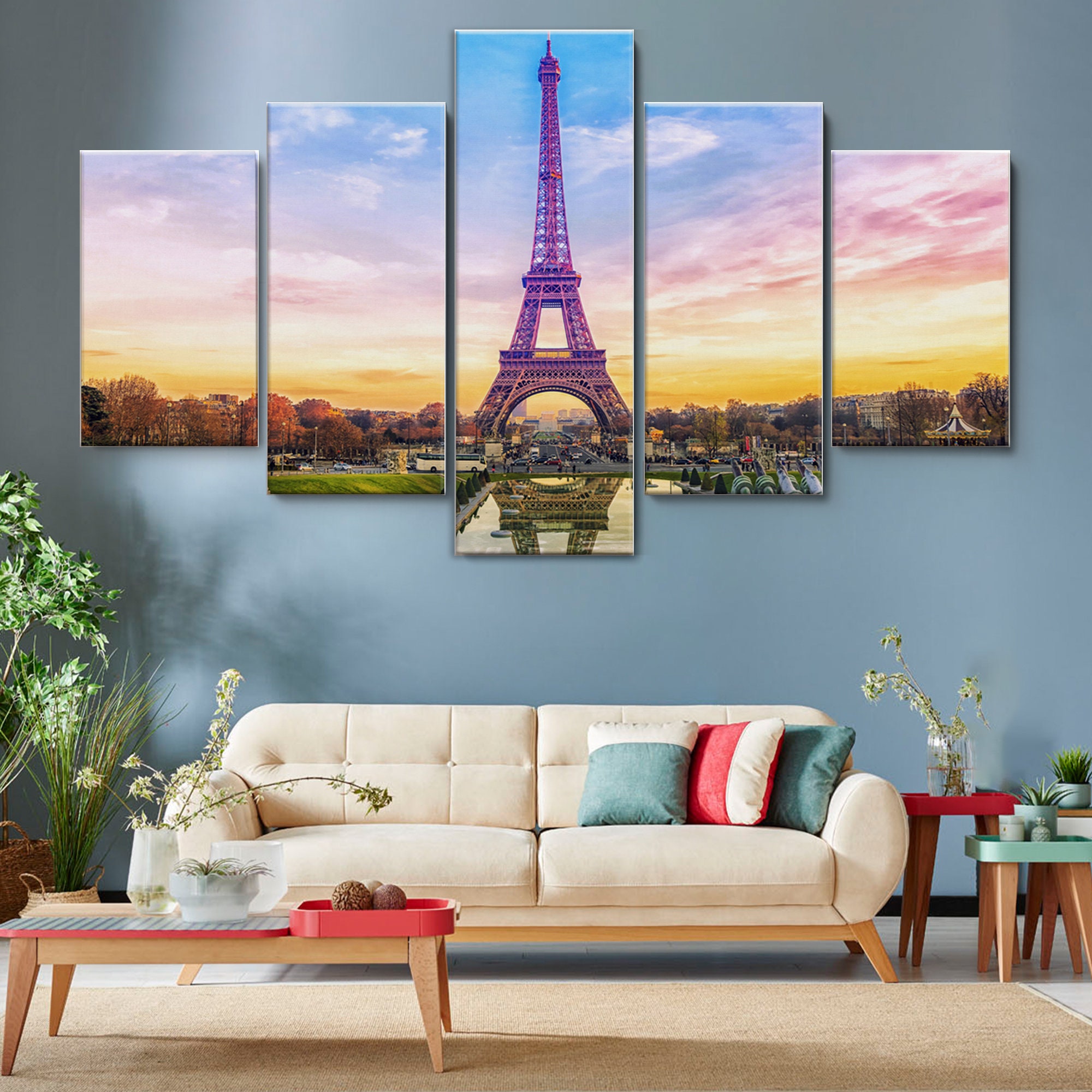 Eiffel Tower at Sunset in Paris 5 Pieces Canvas Wall Art, Large Framed ...
