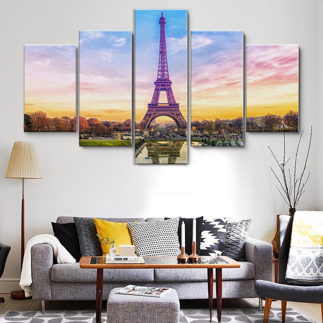 Eiffel Tower at Sunset in Paris 5 Pieces Canvas Wall Art, Large Framed ...