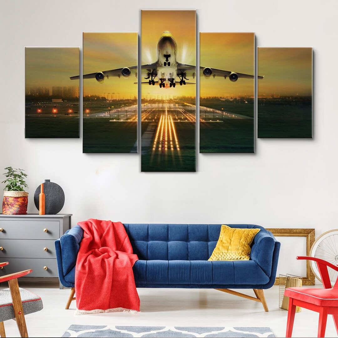Airplane Take off in Airport Night 5 Pieces Canvas Wall Art, Large ...