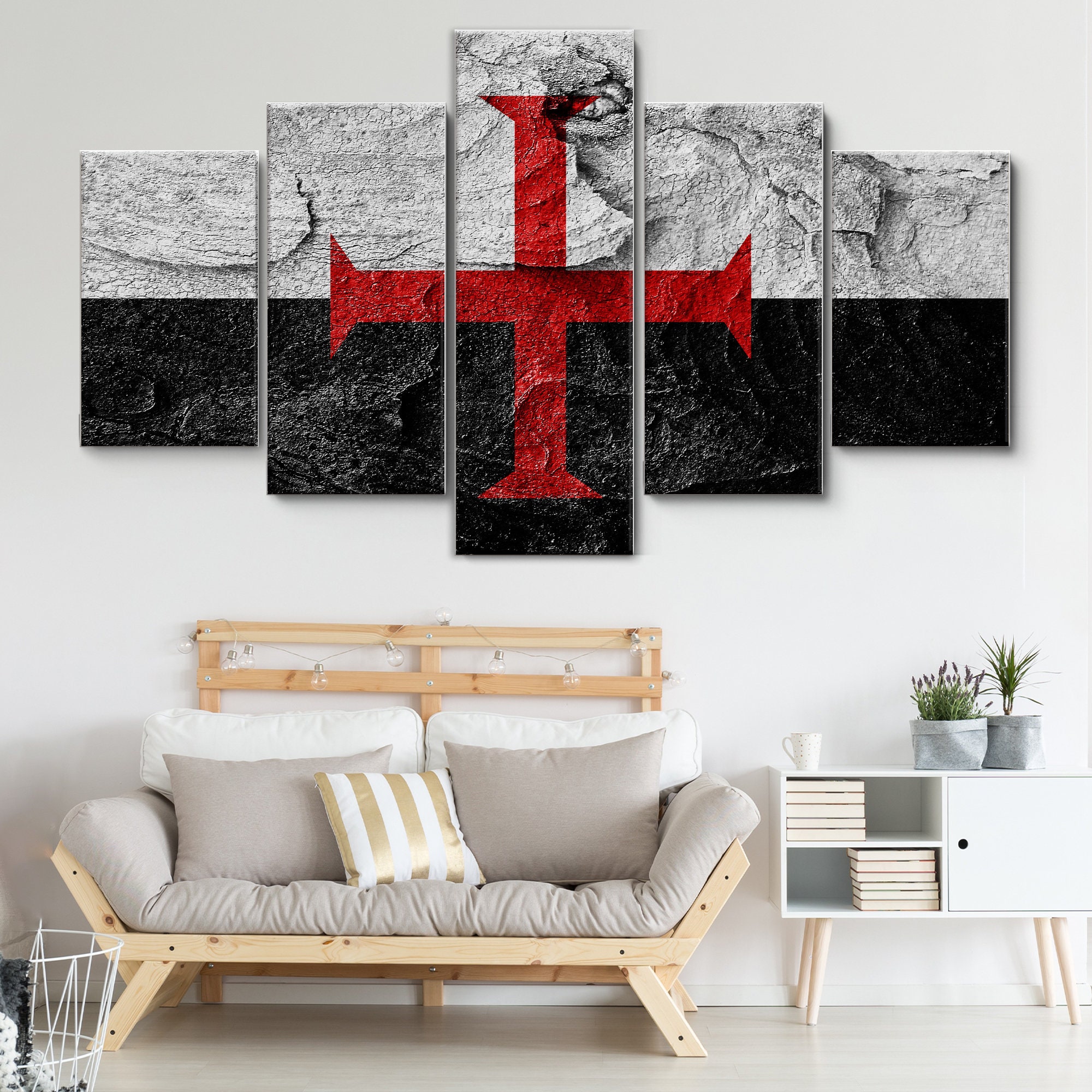 Red Templar Knight Flag 5 Pieces Canvas Wall Art, Large Framed Canvas ...