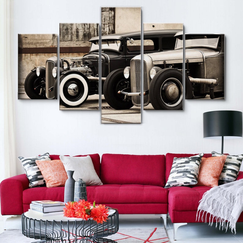 Hot Rods Black and White 5 Pieces Canvas Wall Art, Large Framed Canvas ...