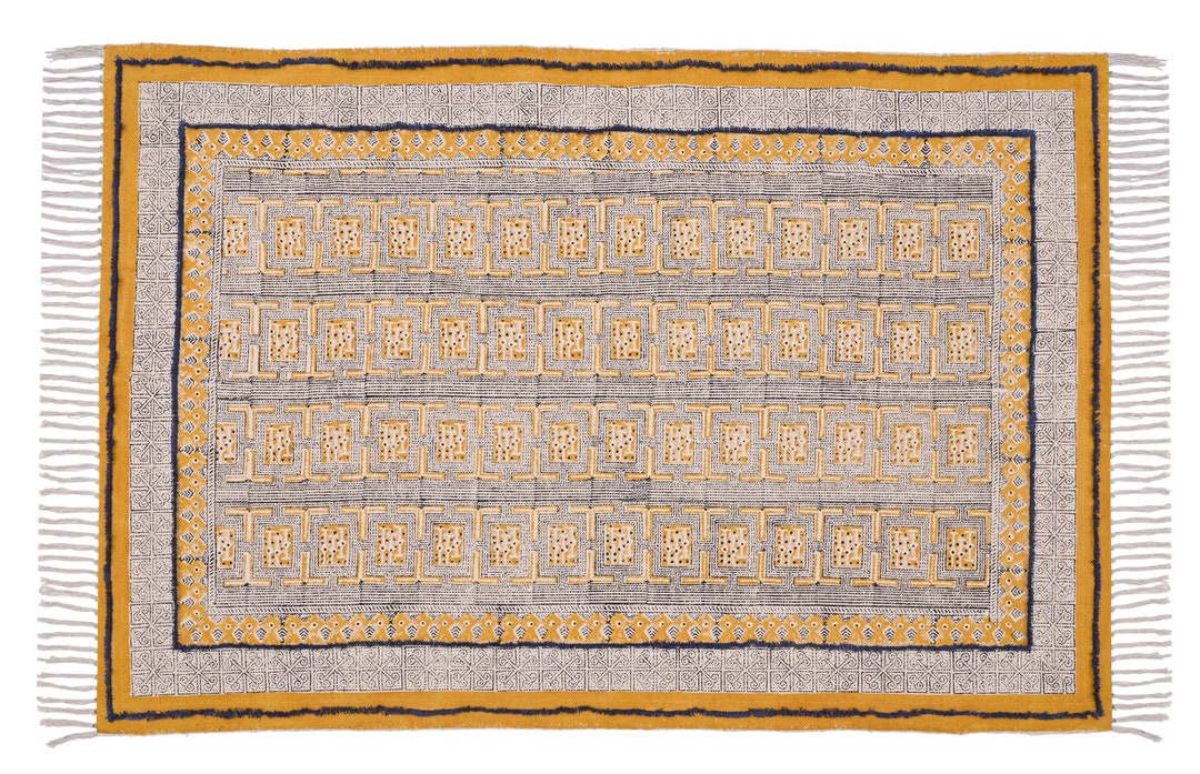 Yellow Cotton Rug Block Print Rug Outdoor Patio Rug, Rugs for Living ...