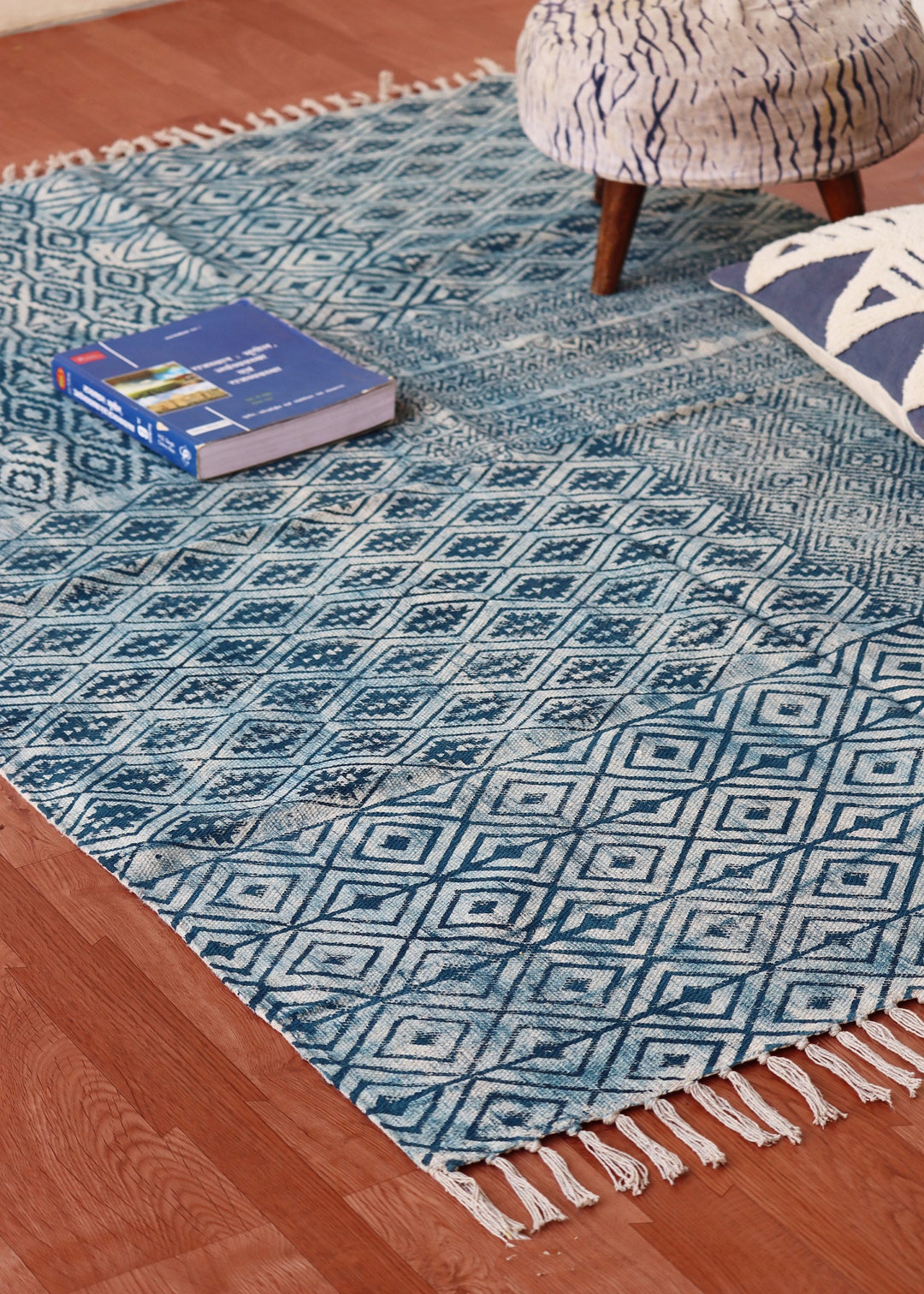 Blue Cotton Rug Square Rug Rug for Living Room Handmade Rug Living Room ...