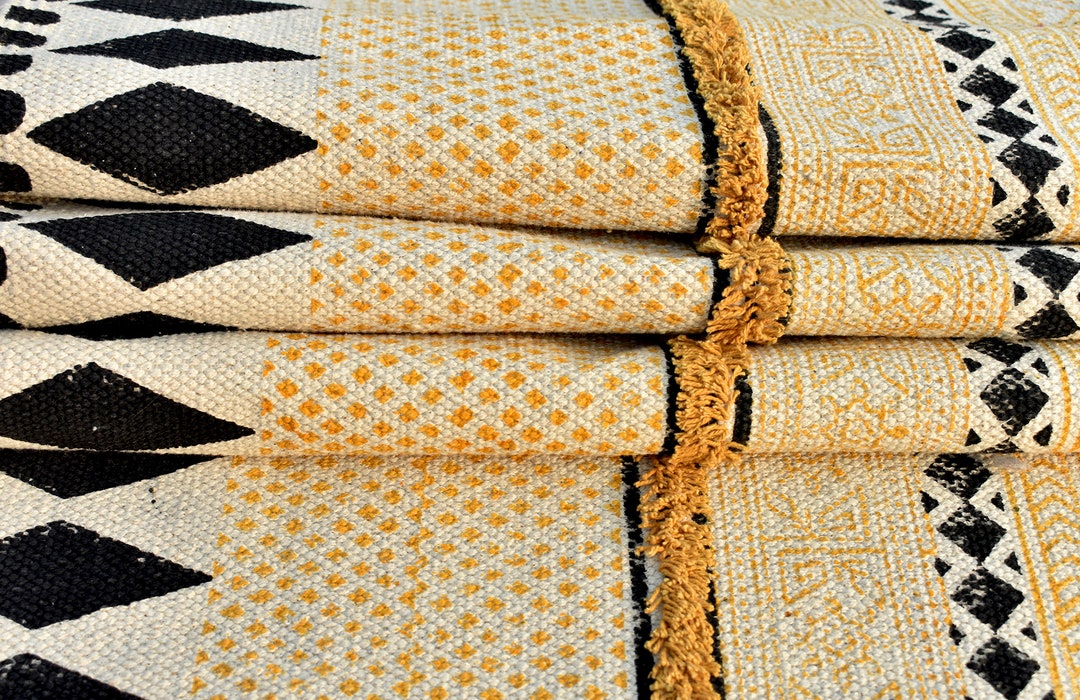 3x5 Ft Indian Cotton Dhurrie Rug Hand Block Print Rug Yellow Black ...