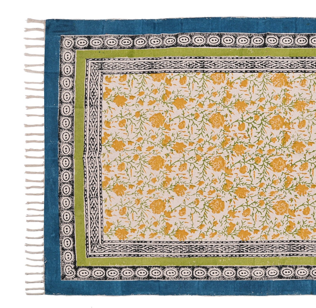 Hand Block Print Rug Indian Dhurrie Rug Bohemian Cotton Rug Floral ...