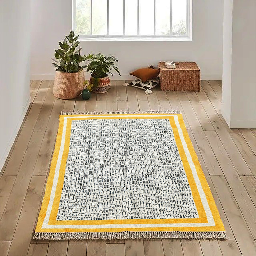 Handmade Blue & Yellow Cotton Rug: Boho Living Room Decor Rugs - Etsy