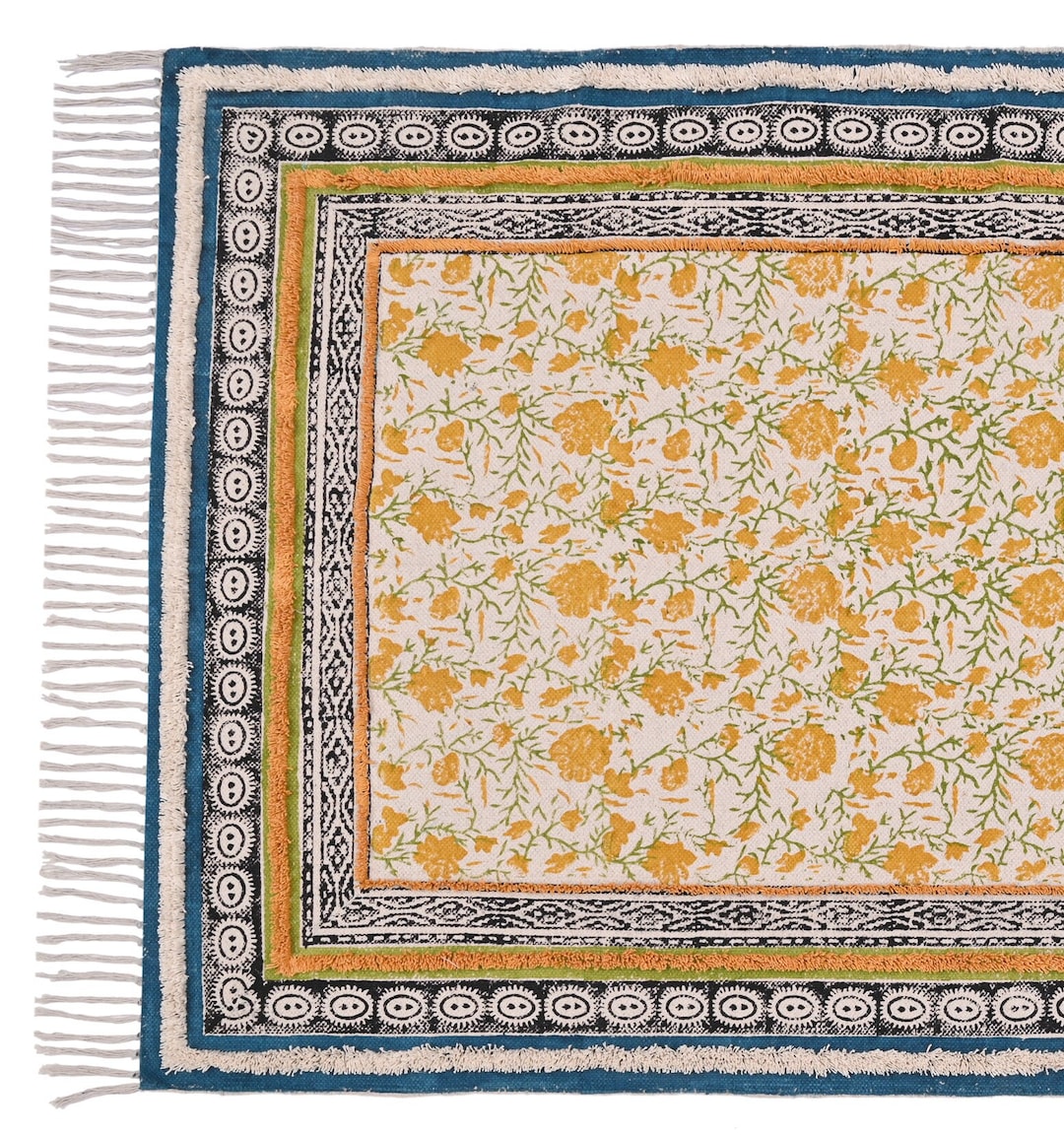 Handmade Block Print Cotton Dhurrie Rug - Floral Green & Yellow Rugs - Etsy