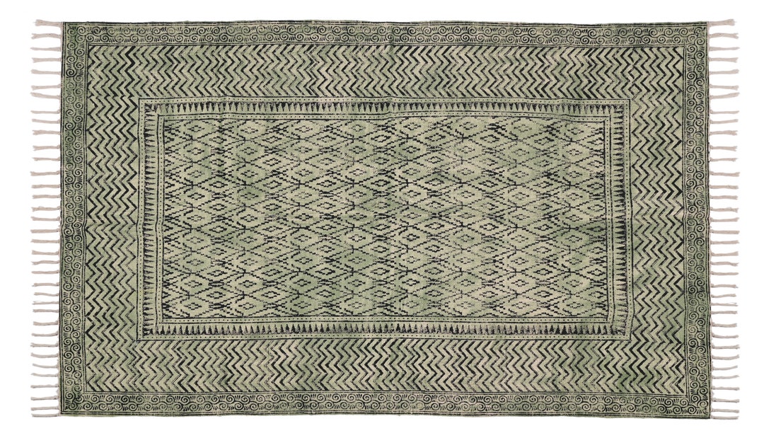 Block Print Cotton Rug Green Cotton Rug Navajo Fabric Rug Home Decor ...