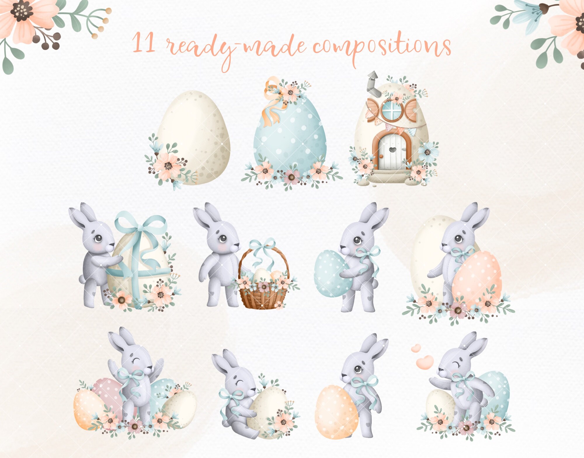 Easter Bunny Clipart Bundle | Pastel Spring Watercolor, Floral Wreaths ...