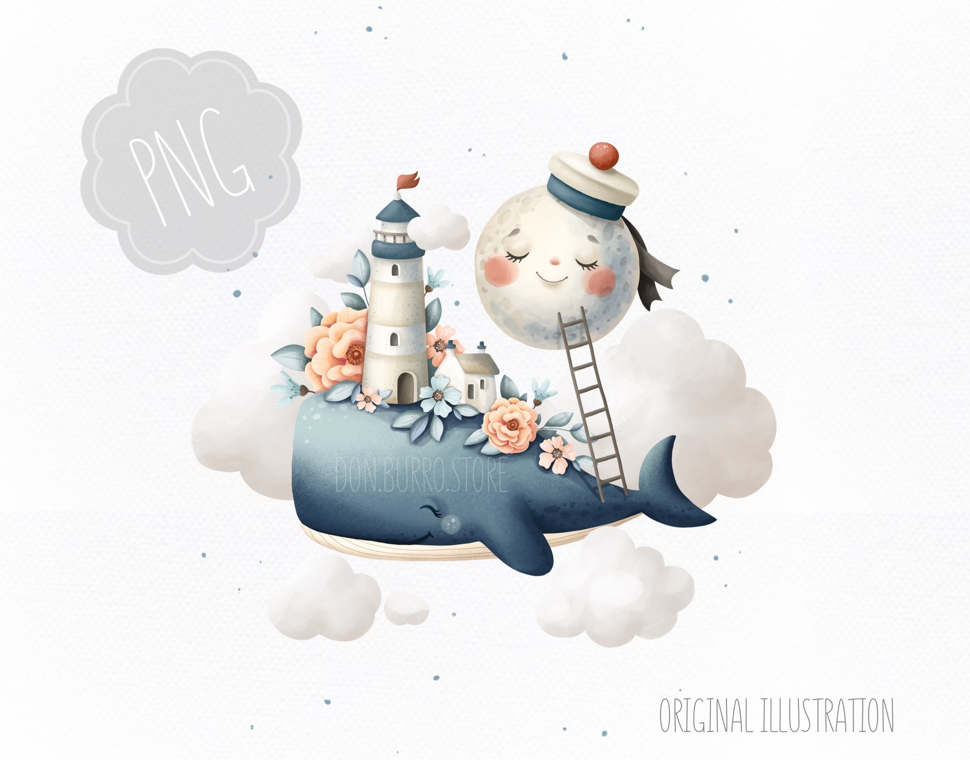Watercolor Whale With Lighthouse, Sailor Moon PNG Clipart (digital ...