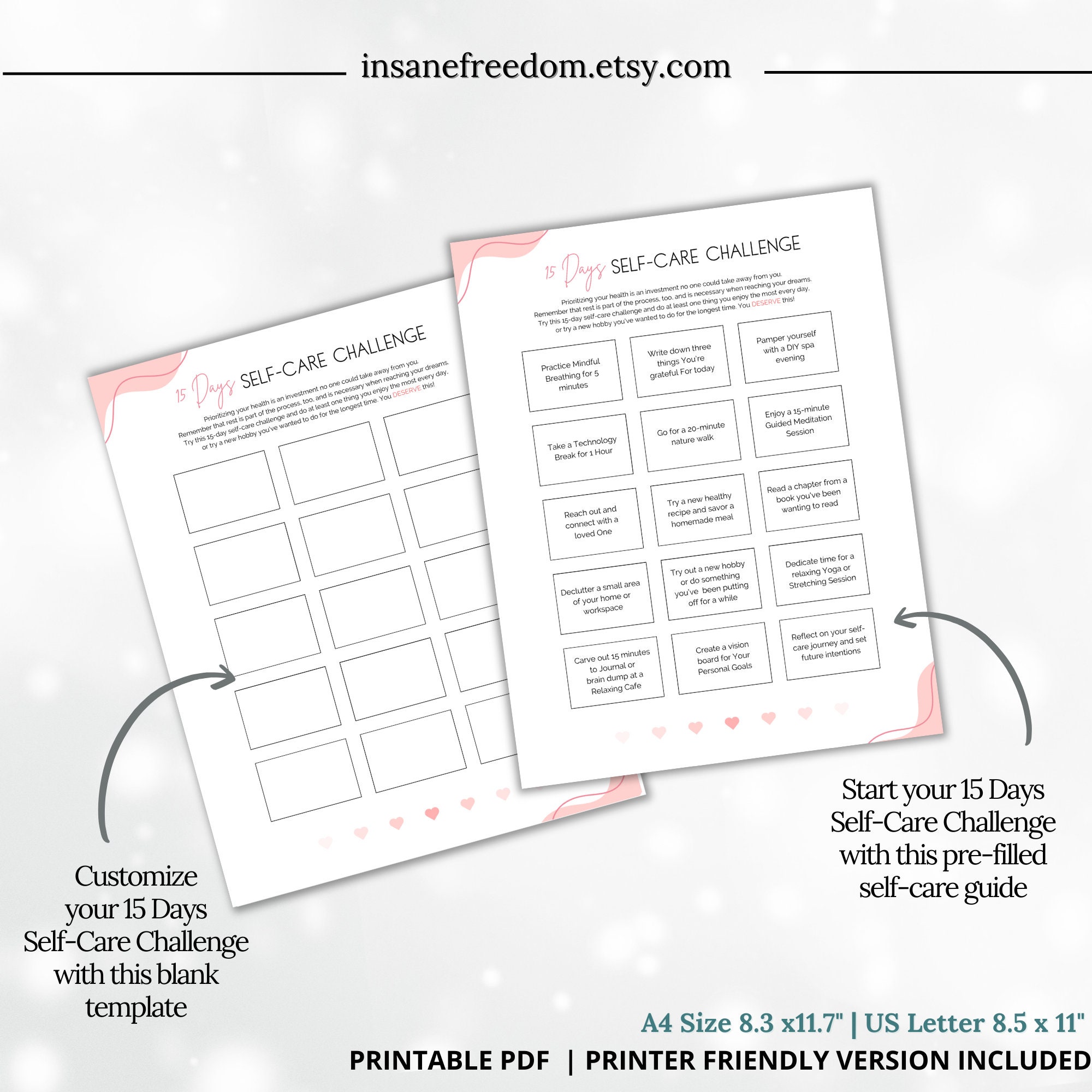 Fillable Self Care Challenge Printable 15 Days Self Care Plan Self Care
