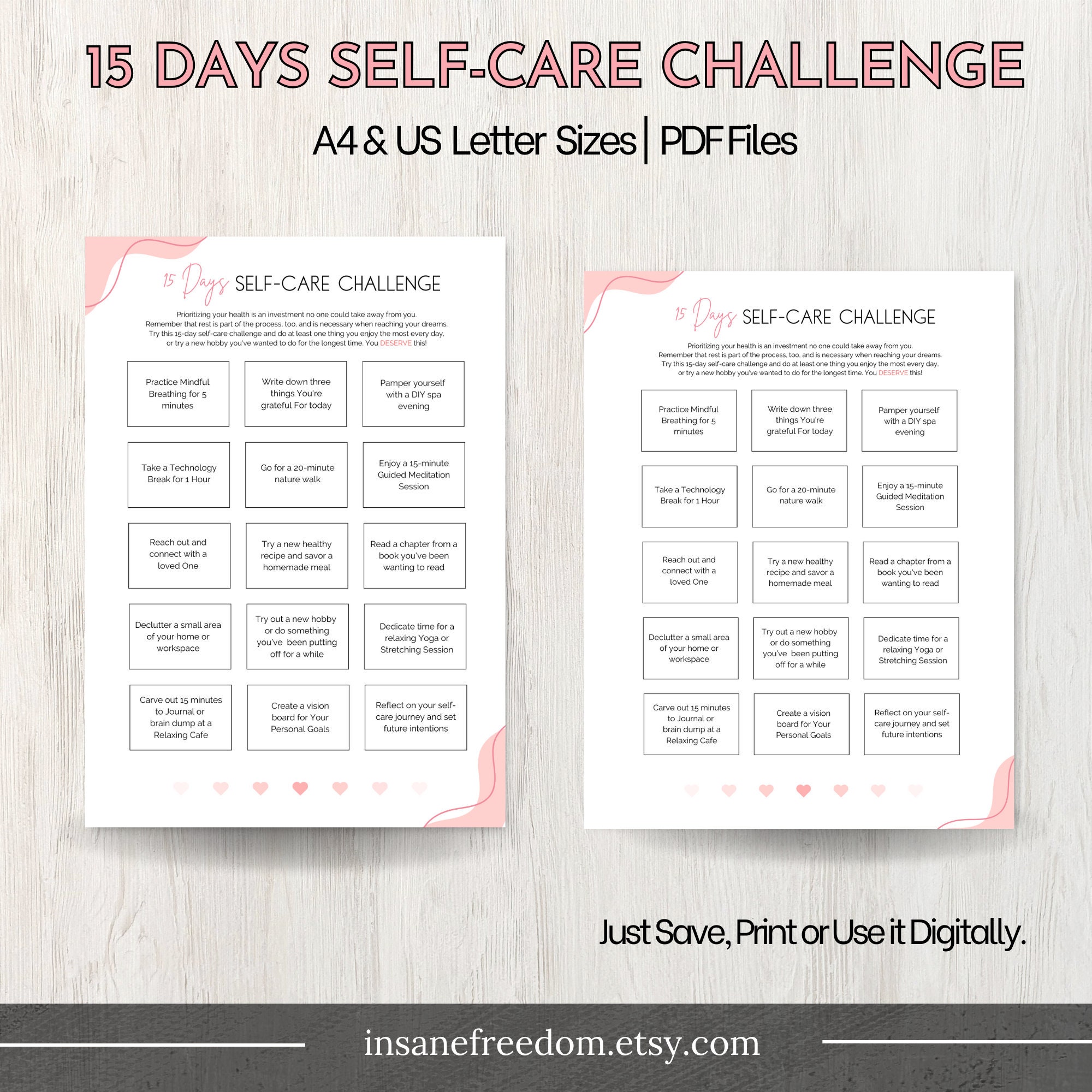 Fillable Self Care Challenge Printable 15 Days Self Care Plan Self Care