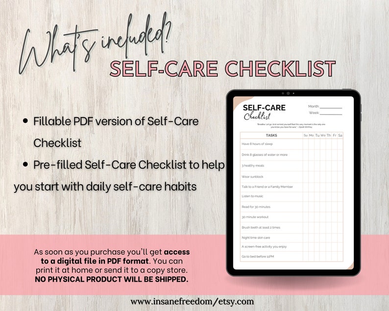Fillable Self Care Checklist, Daily Self Care Planner Self Care ...
