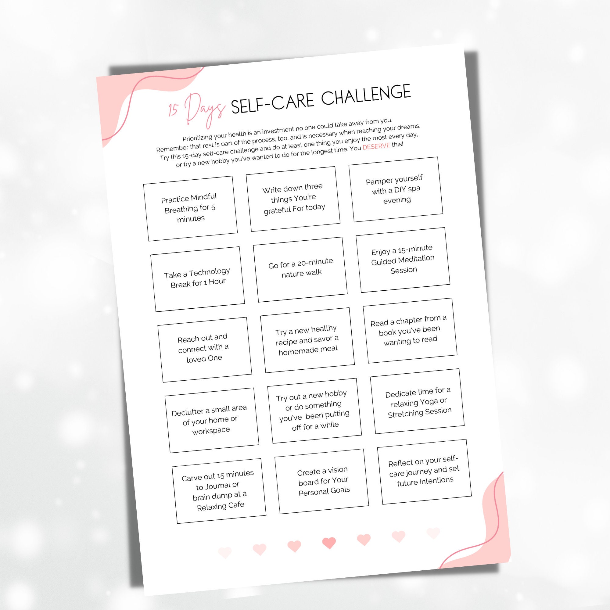 Fillable Self Care Challenge Printable 15 Days Self Care Plan Self Care