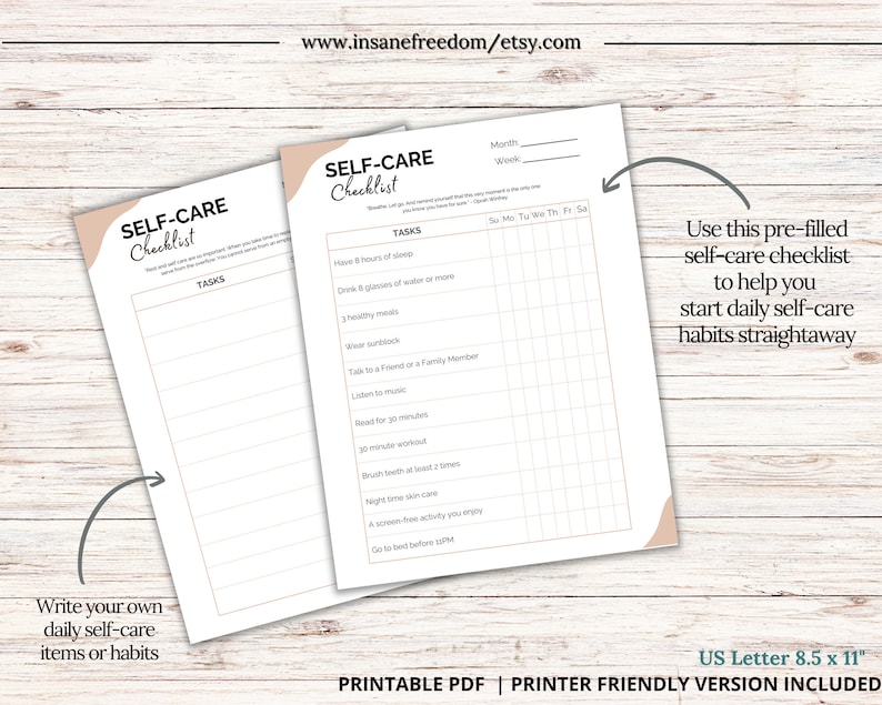 Fillable Self Care Checklist, Daily Self Care Planner Self Care ...