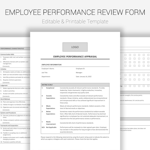 Performance Appraisal Form in Editable PDF Template Employee - Etsy