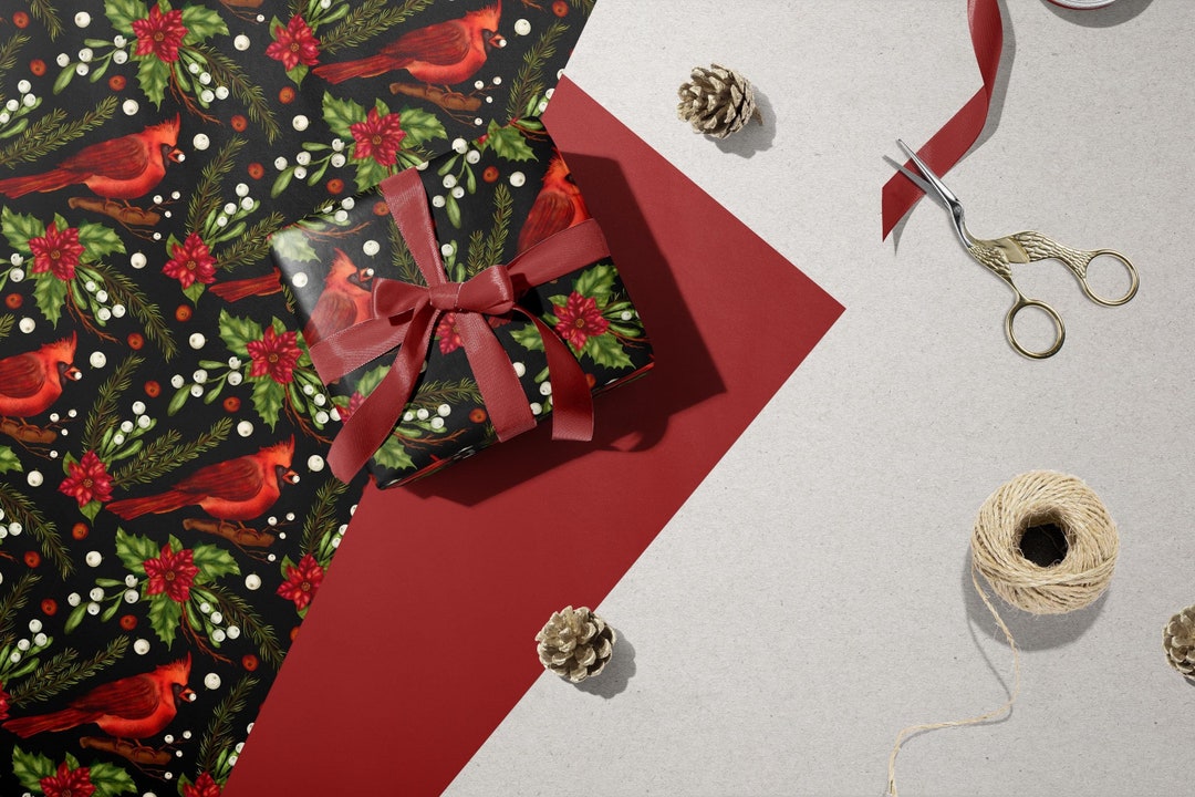 Bold Cardinal Christmas Wrapping Paper – Red Bird and Holly Holiday ...