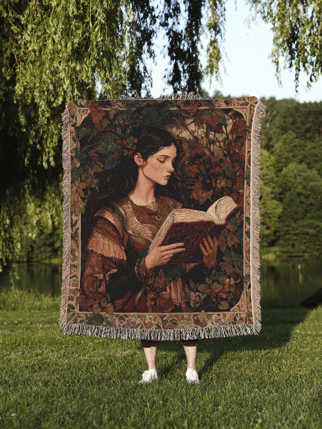 Renaissance Woman Woven Blanket, Medieval Maiden Reading, Dark Academia ...