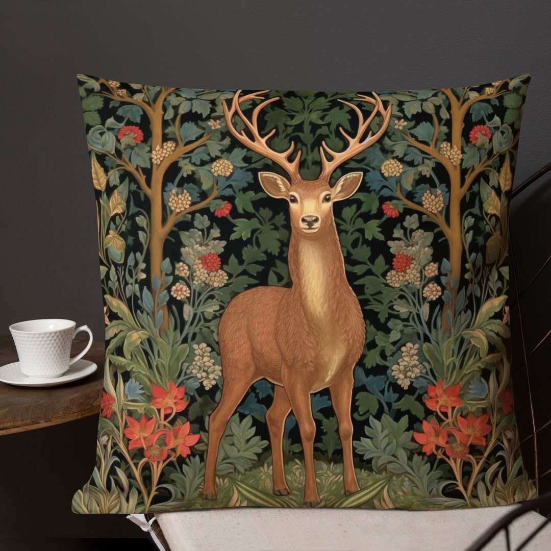 Deer Pillow Case, William Morris Inspired Deer in Forest Pillow ...