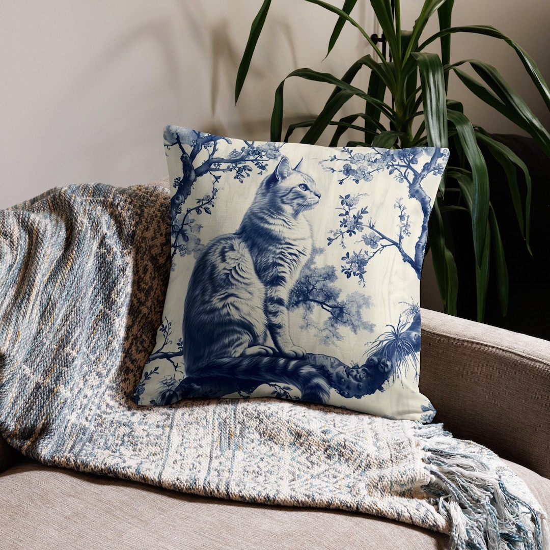 Blue White Cat Art Pillow Cover + Insert, French Toile De Jouy Accent ...